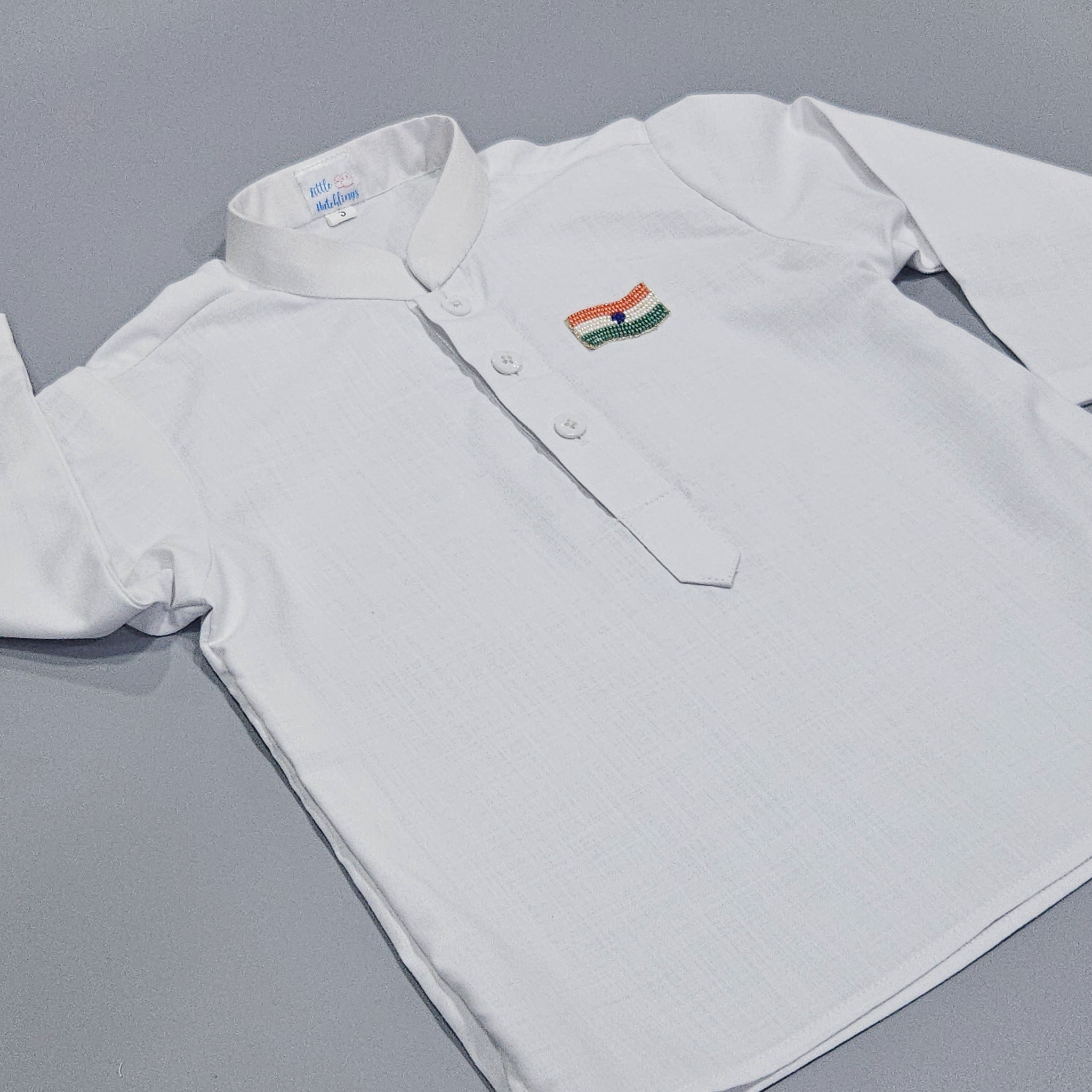 White Short Kurta with Embroidered Indian Flag – Buy Now at My Baby Babbles