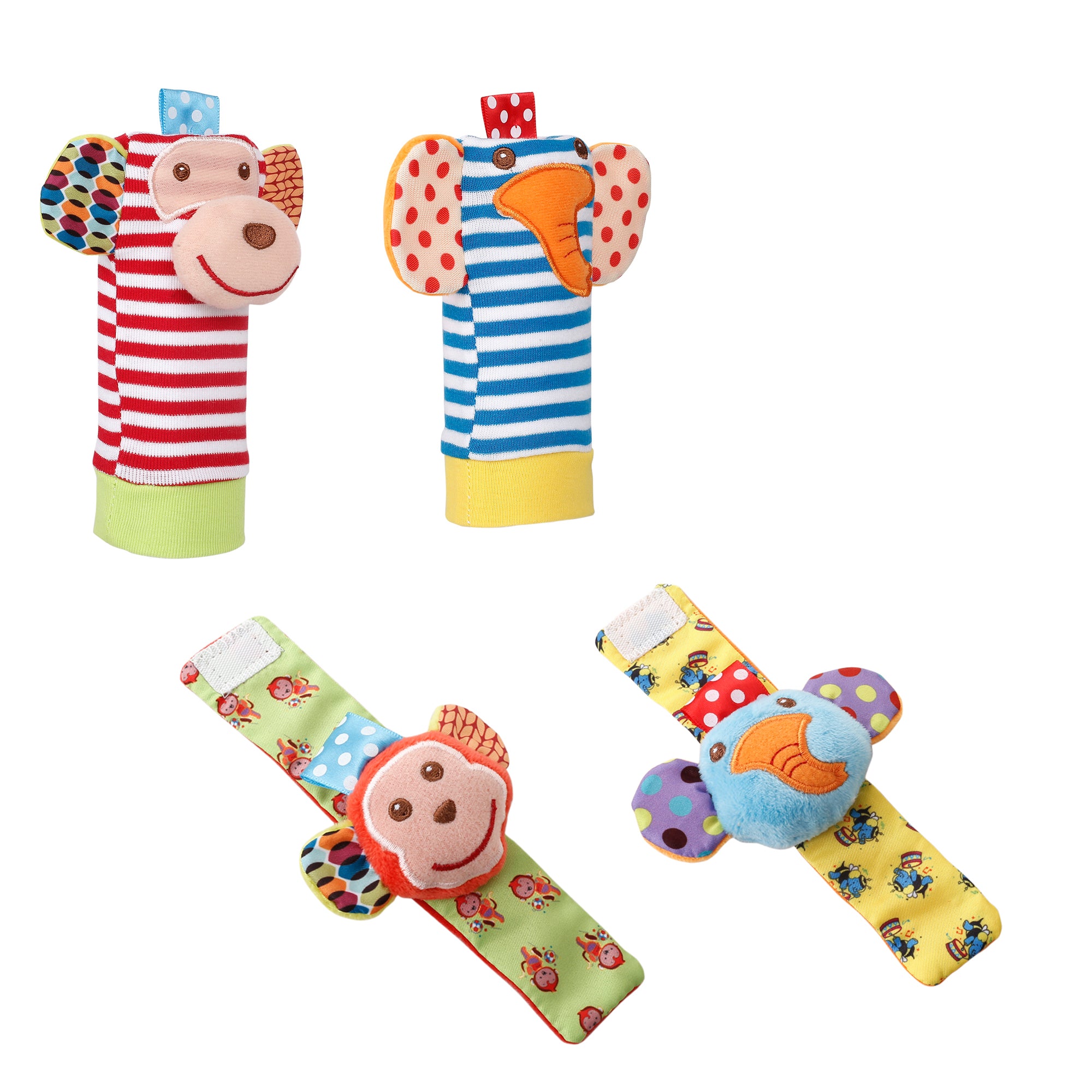 Baby Moo Elephant And Monkey Multicolour Set of 4 Socks And Wrist ...